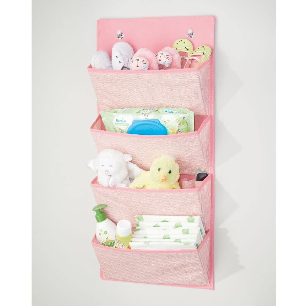 mDesign Soft Fabric Wall Mount/Over Door Hanging Storage Organizer - 4 Large Pockets for Child/Kids Room or Nursery, Hooks Included - Herringbone Print - Pink