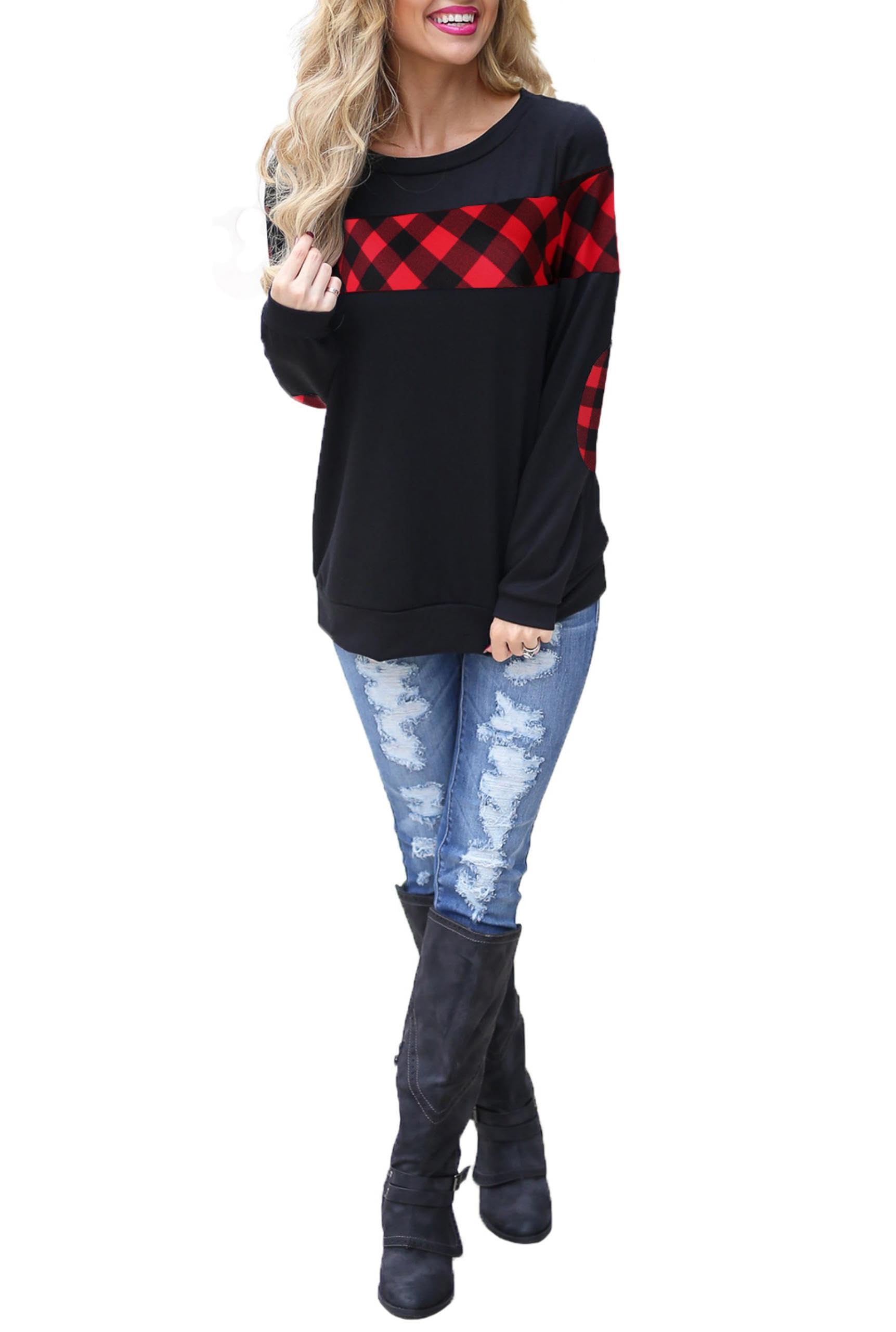 Blooming Jelly Women's Color Block Plaid Shirt Crew Neck Elbow Patches Pullover Sweatshirt Christmas Top(M) Black