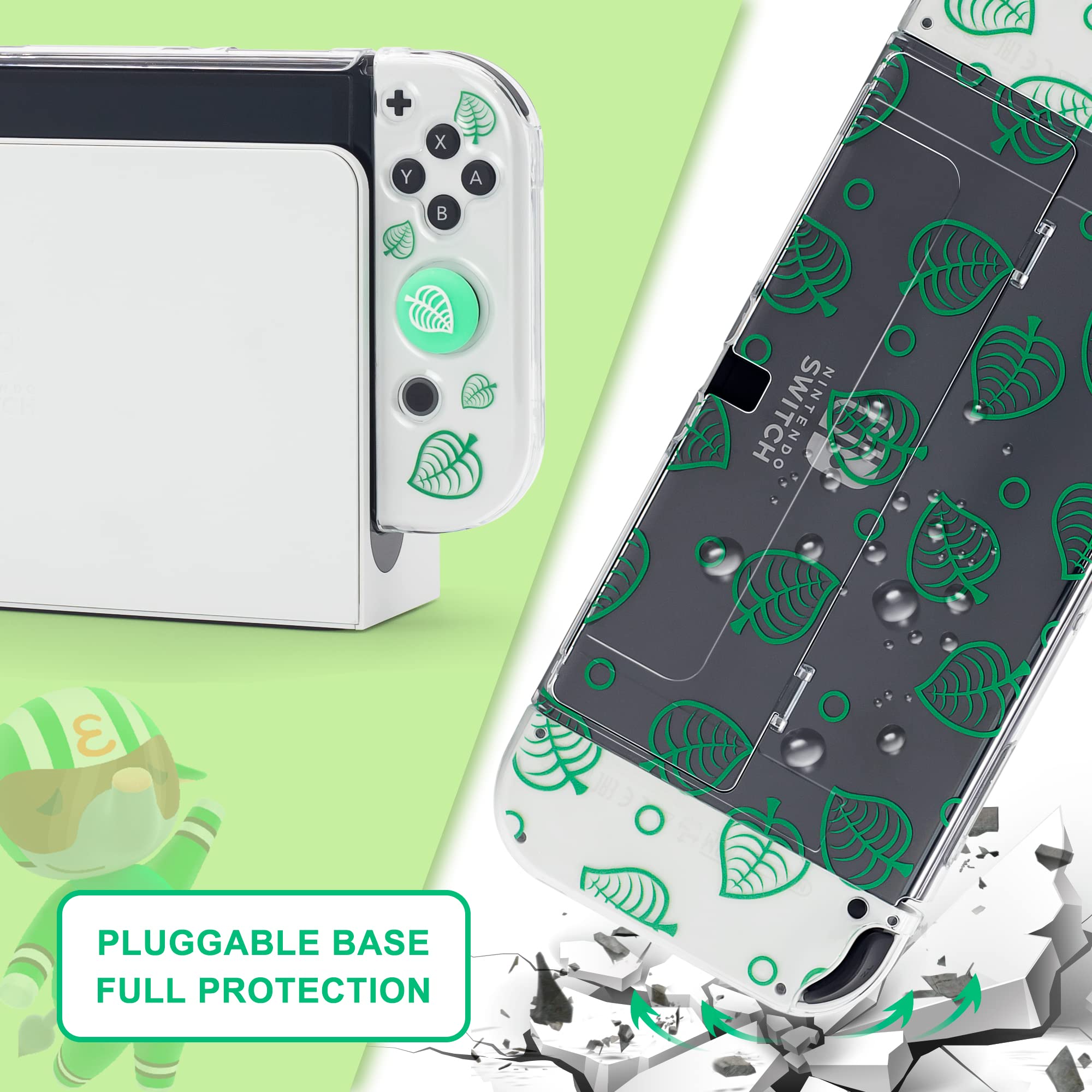 Carrying Case Kit for Switch OLED Accessories Bundle Leaf Potable Carry Storage Bag for Animal Crossing with Cute Pendant / Dockable Clear Cover / Screen Protector Protective Thumb Grip Caps