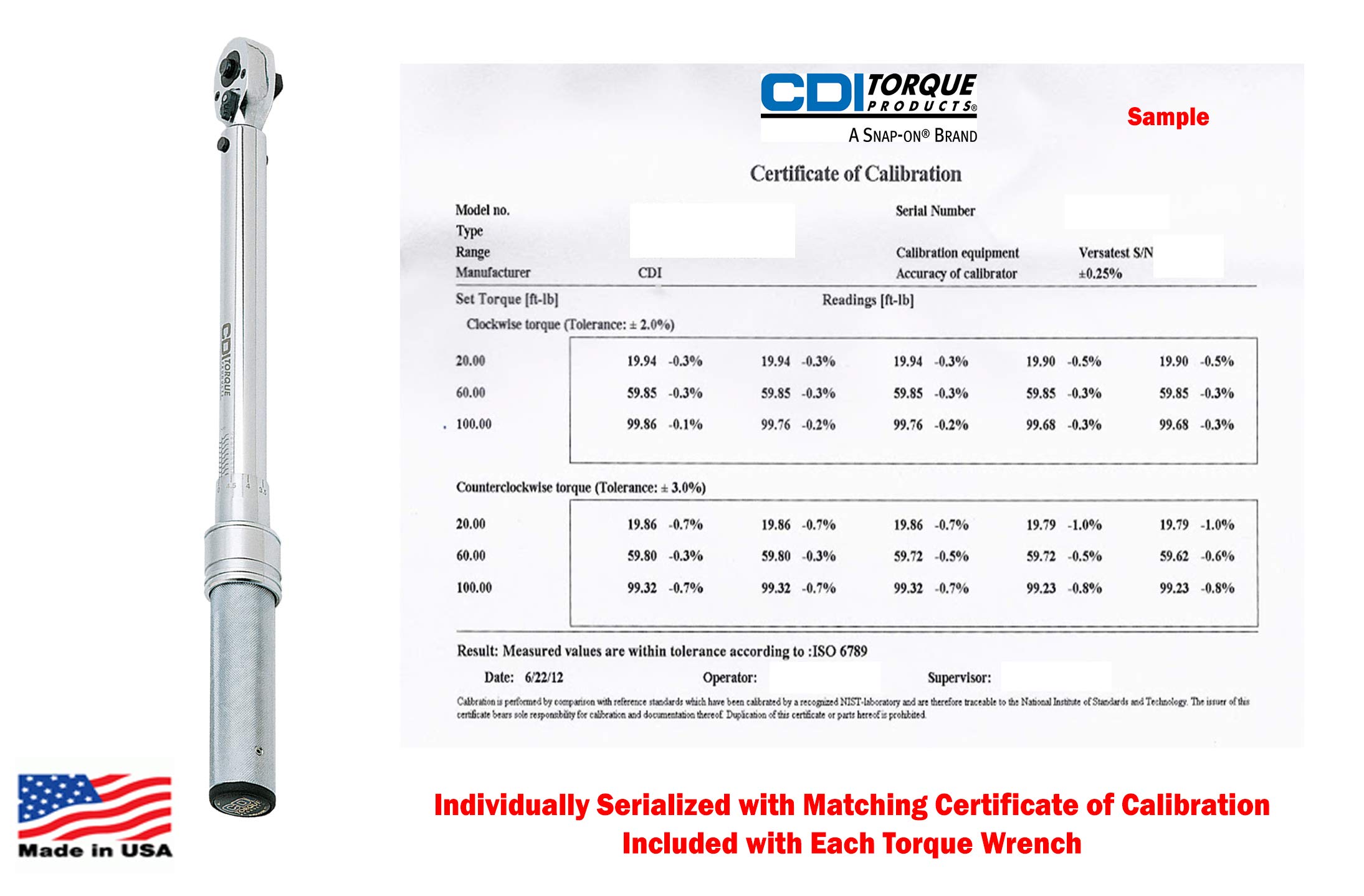 CDI Torque Products A Snap-On Company 3/8" Drive 10-100 Ft Lbs/16.9-132.2NM Dual Scale Micrometer Adjustable Metal Handle Torque Wrench Individually Serialized with Matching Certificate of Calibration