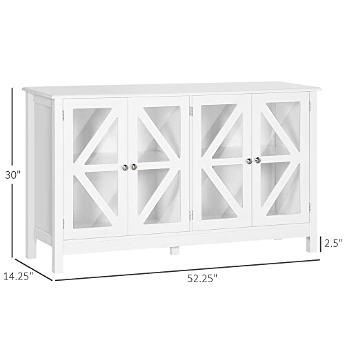 HOMCOM Sideboard, Buffet Cabinet with Tempered Glass Doors and Adjustable Storage Shelf, Credenza, White
