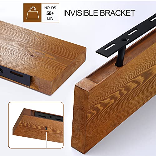 Marsmiles Floating Shelves Solid Wood Set of 2, Rustic Wood Wall Shelves, Wooden Wall Mounted Farmhouse Shelves for Bathroom Kitchen Living Room Bedroom - Light Walnut