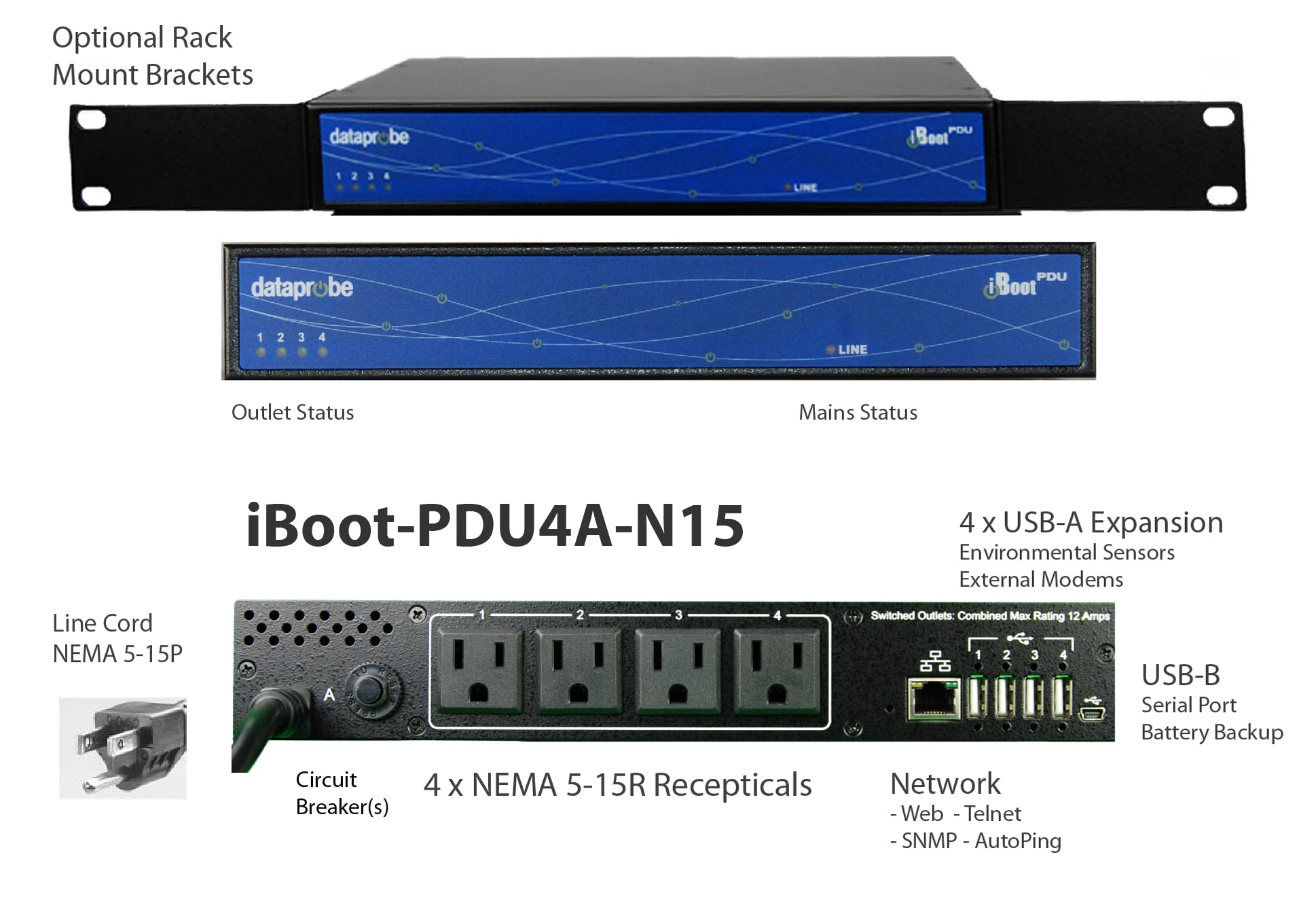 Dataprobe iBoot-PDU4A-N15, 115VAC/15A, 4 Outlets (NEMA 5-15R), 1U Rack Mount Power Strip, 7' Power Cord, Switched & Managed PDU with Cloud, Server Rack PDU, Smart Power Strip