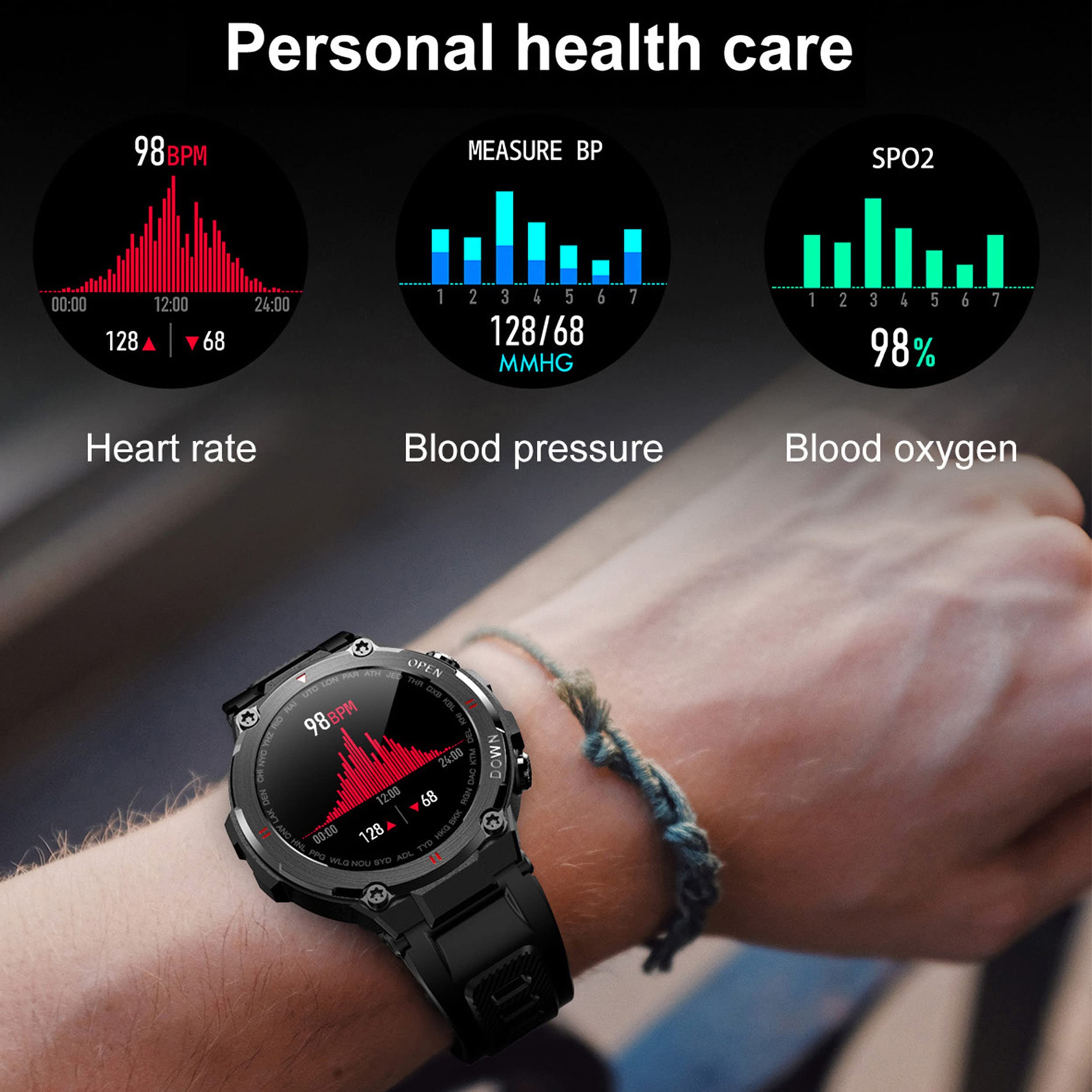 HOUJIN Smart Watch for Men Outdoor Waterproof Tactical Smartwatch Bluetooth Dail Calls Speaker 1.3 inch HD Touch Screen Fitness Tracker Watch for Android and iOS, Black