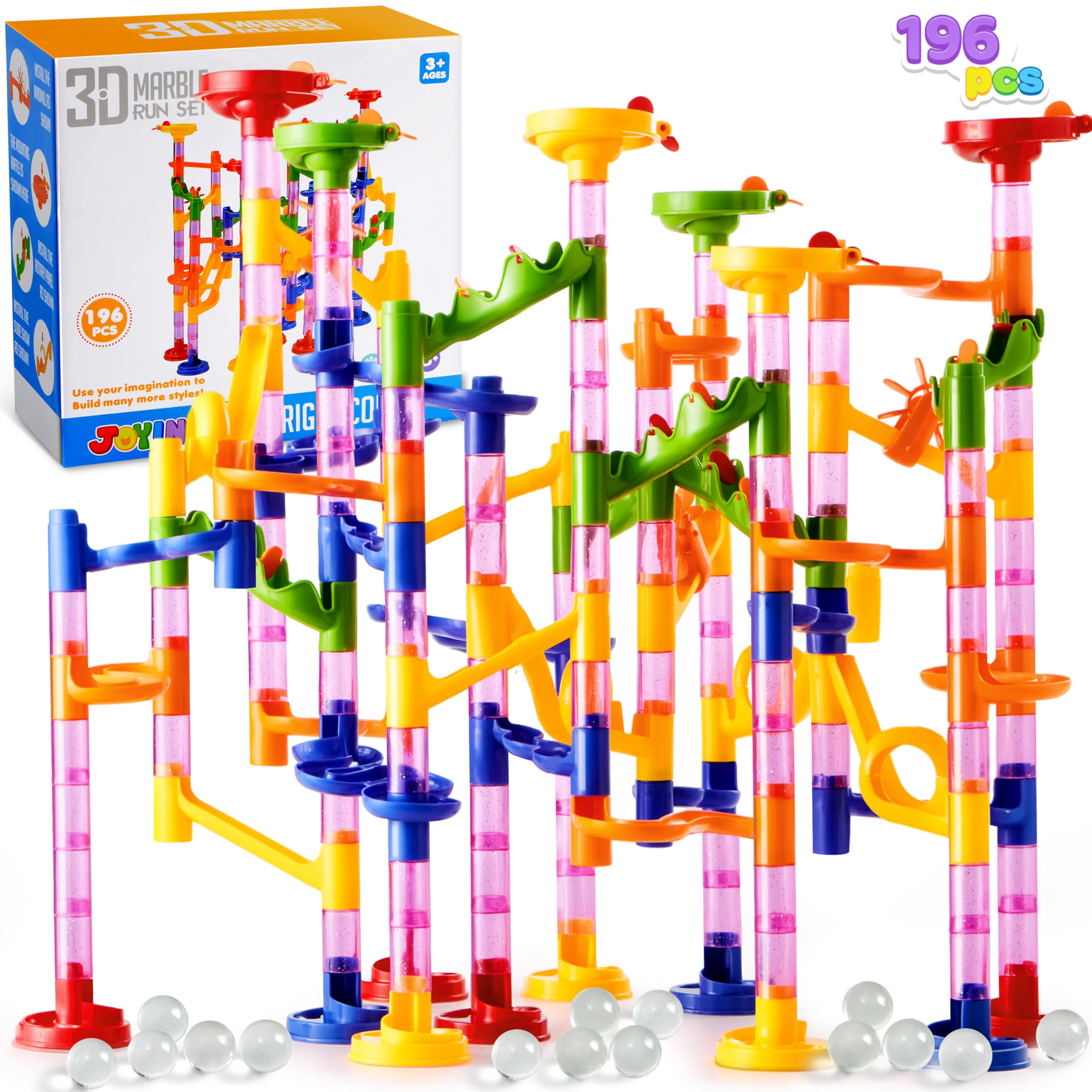 JOYIN Marble Run Premium SetοΌ196 Pcs- Construction Building Blocks Toys, STEM Educational Toy, Building Block Toy(156 Translucent Plastic Pieces+ 40 Glass Marbles)
