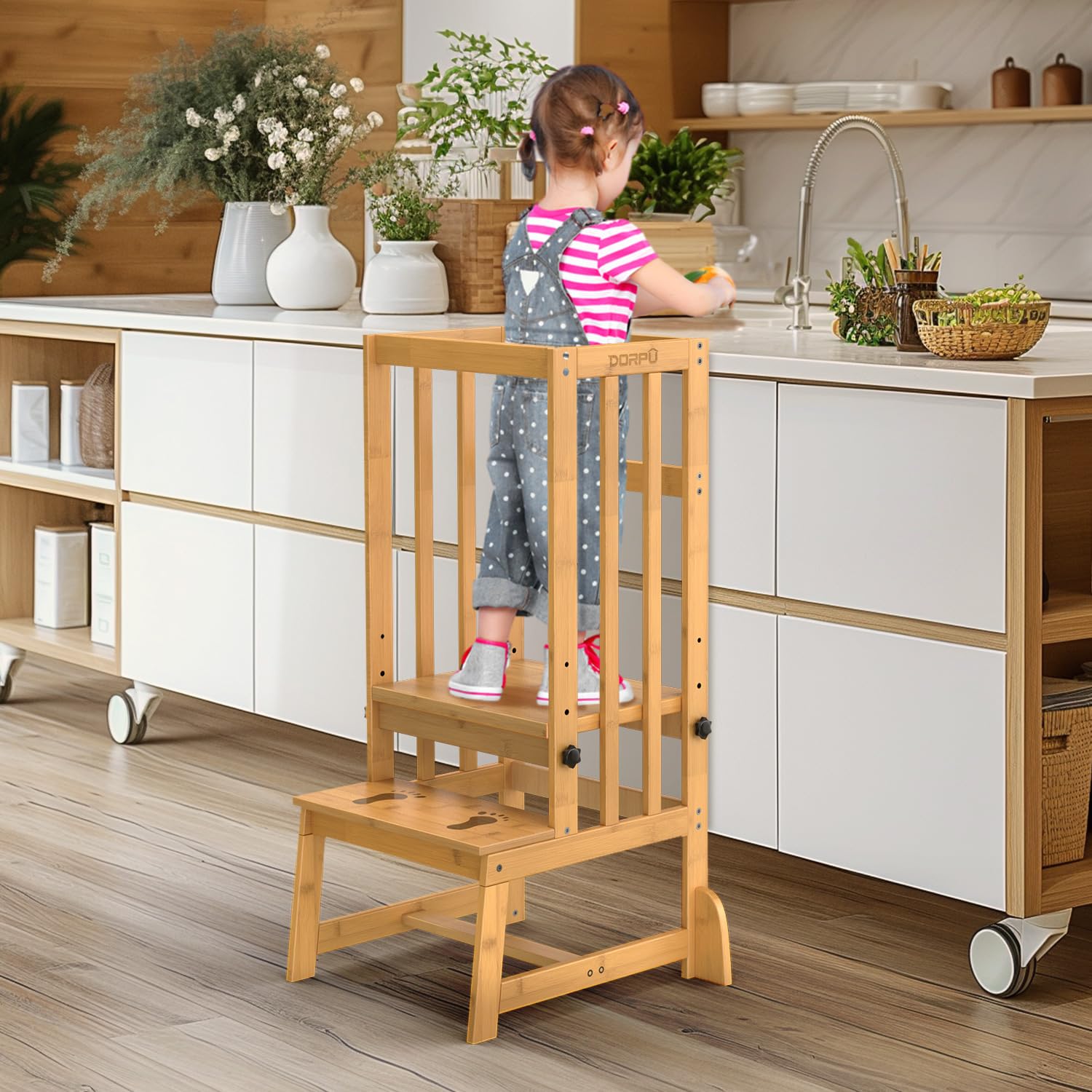 DORPU Learning Step Stool for Kids, Adjustable Height Toddler Kitchen Standing Tower with Double-Side Art Board, Brown