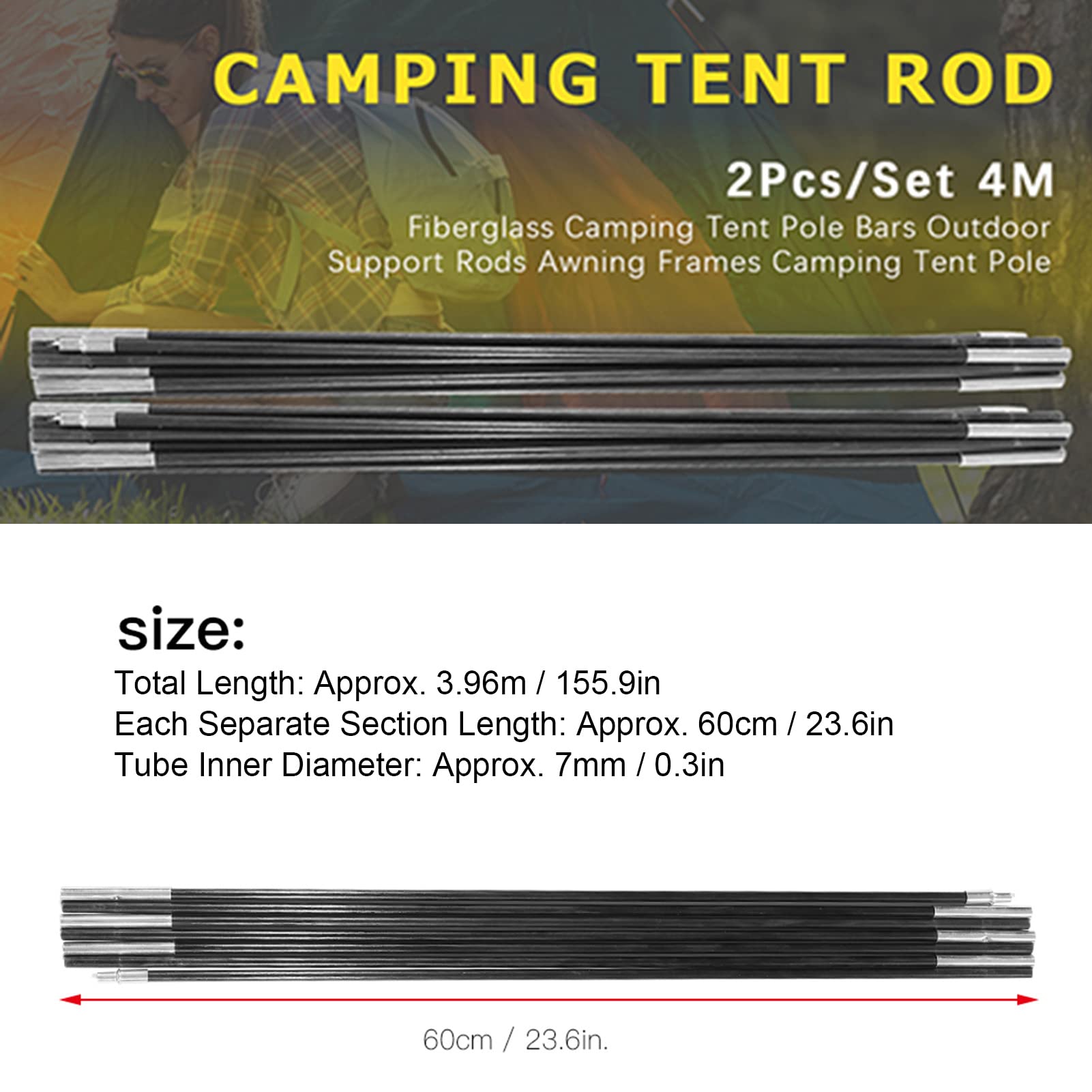 Camping Tent Pole, 3.96 M/13 Ft 2 Sets 7 Sections Portable Fiberglass Tent Support Rod Outdoor Double Tent Pole Frames Kit for Camping Hiking Outdoor Activity