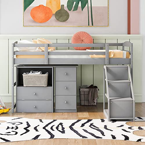 ERDAYE Twin Size Wooden Loft Bed Frame with Multifunctional Movable Built-in Desk, 5 Drawers and Staircase Bring Storage Shelf for Bedroom Guest Room Furniture, Gray