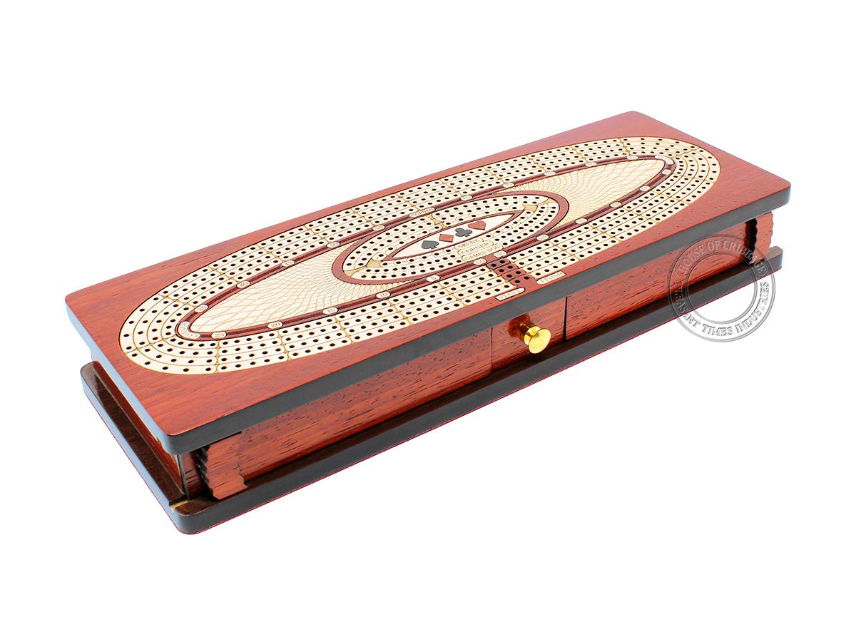 House of Cribbage - Continuous Cribbage Board/Box Inlaid in Blood Wood/Maple : 4 Track - Sliding Lids, Drawer & Metal Pegs with Score Marking Fields for Skunks, Corners and Won Games