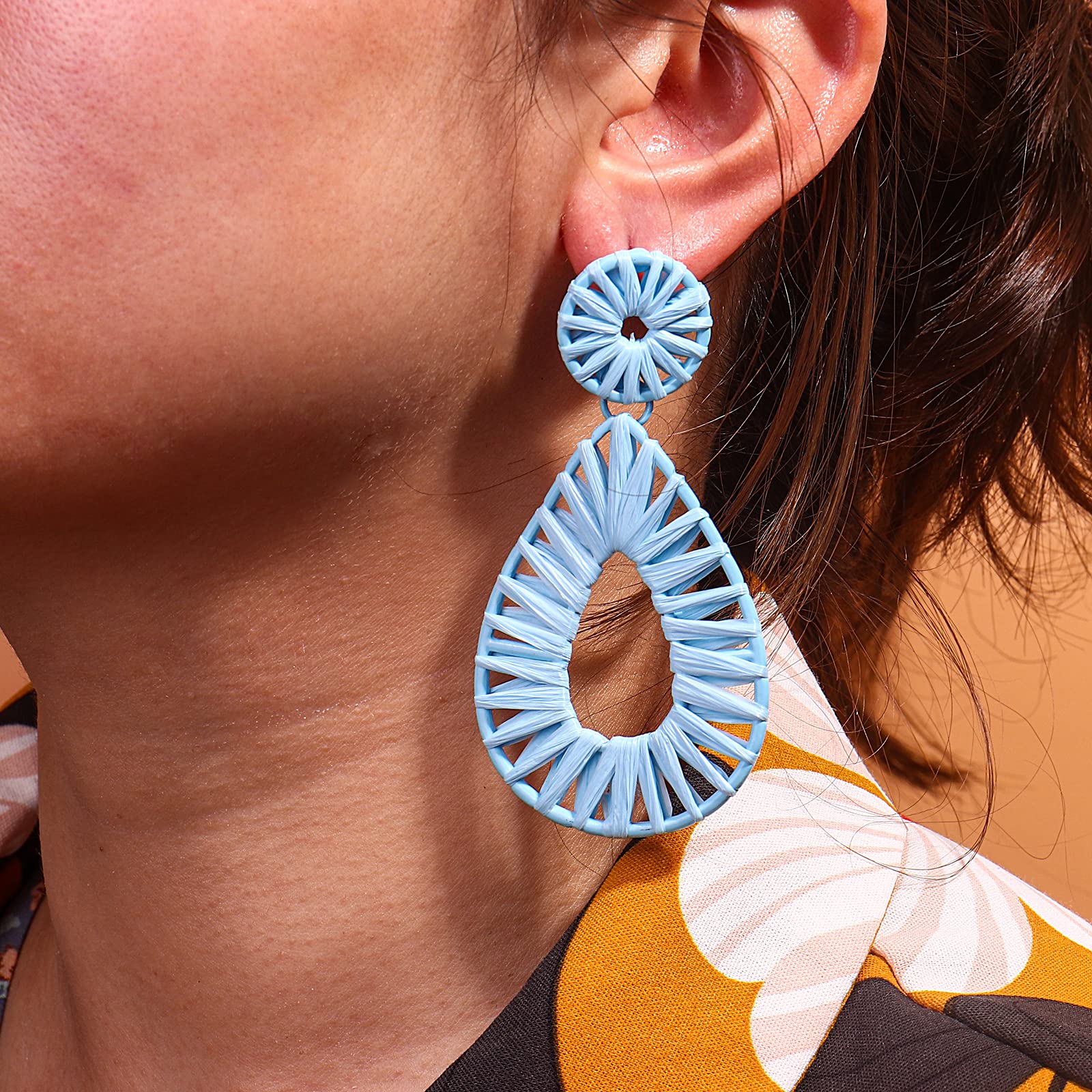Boho Raffia Earrings Statement Teardrop Earrings Drop Dangle Bohemian Earrings for Women Cute Handmade Earring(Light Blue)