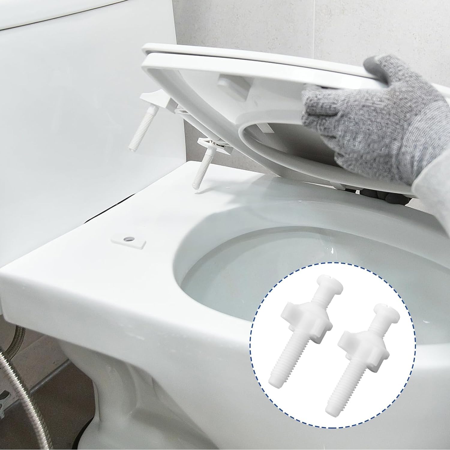 BUWUSMU Replacement Toilet Seat Screws, Kit with Plastic Hinge Bolt Screws, Nuts, and Washers for Top Toilet Seat Repair (White, 4 Pieces)