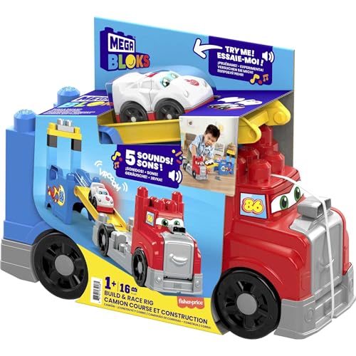 MEGA BLOKS First Builders Toddler Blocks Toy Set, Build & Race Rig with 16 Pieces, Sounds and Storage, Red, Ages 1+ Years