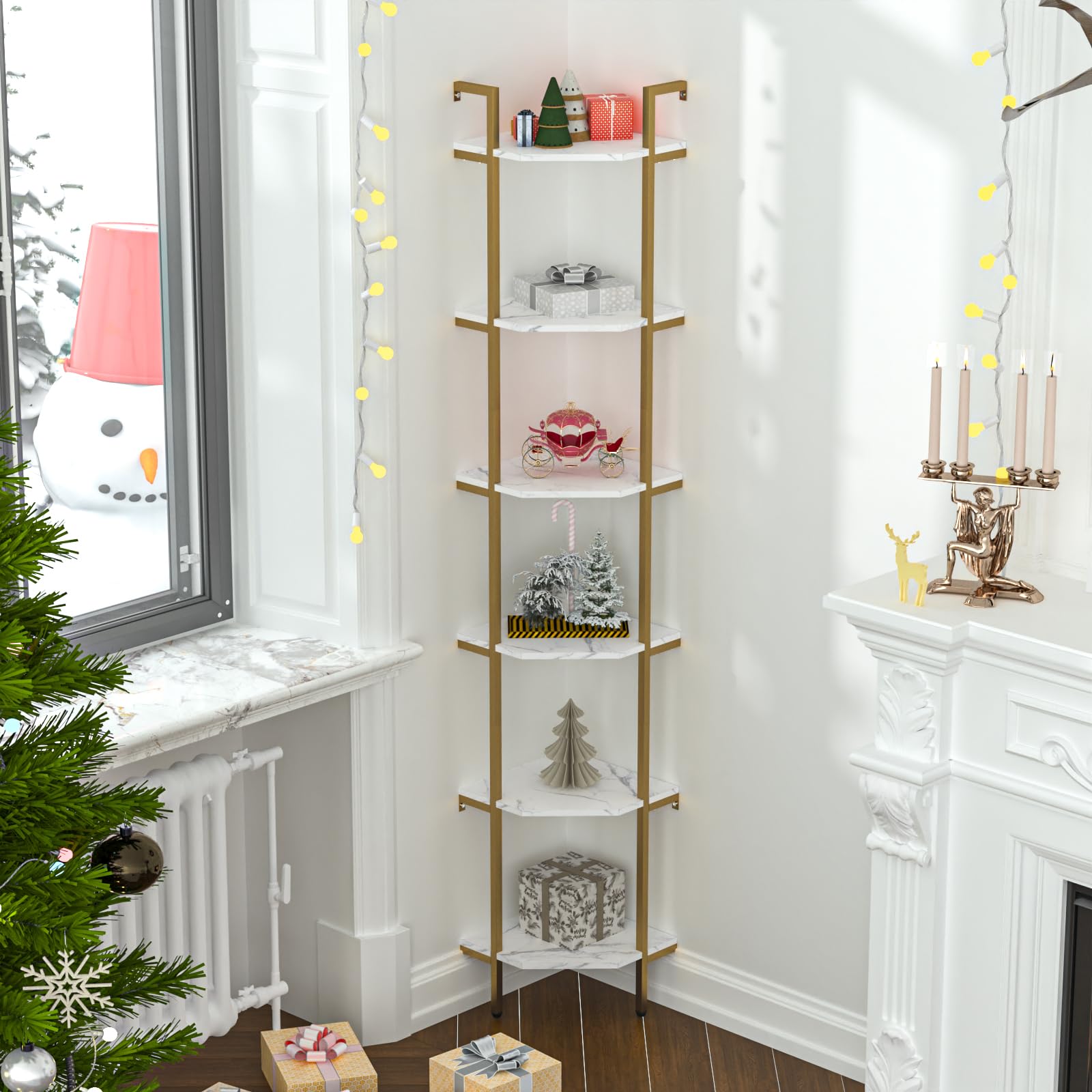 Dosker Corner Shelf White Wall Mounted Bookshelf, 6 Tier Plant Stand and Display Shelf for Living Room,Wall Corner Bookshelf Multi Storage Organizer Ladder Style Shelving Unit with Marble Accents