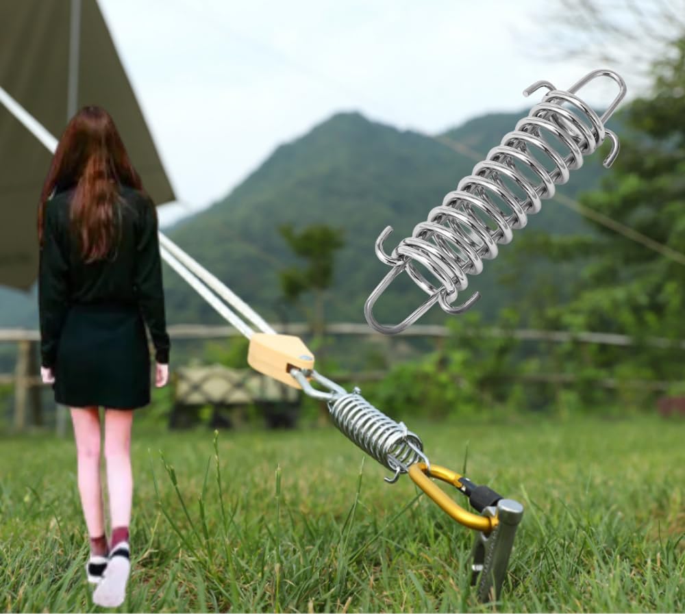 BRYHZKCM 4Pcs Tent Fixed Buckle Wind Rope Buckle Steel Fixed Buckle Tent Wind Spring for Camping Hiking,Chrome Plated Spring for Hammock Chair