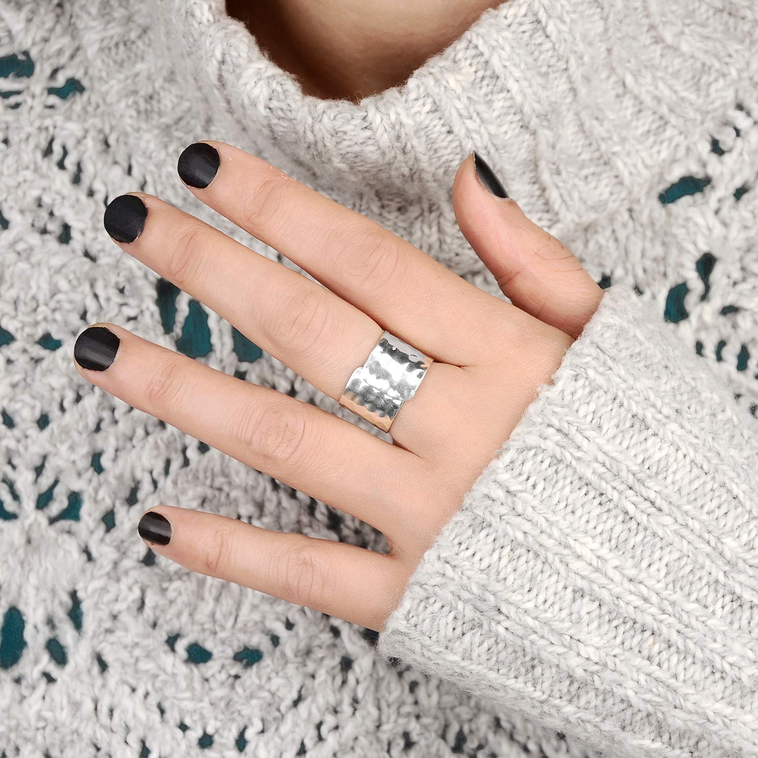 Boho-Magic 925 Sterling Silver Band Ring for Women Plain Thumb Wide Cuff Hammered Adjustable (7)