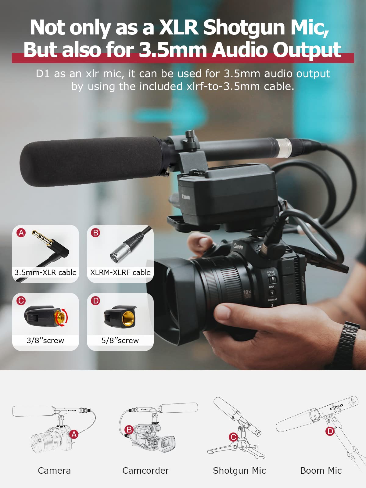SYNCO Condenser Shotgun Microphone, Mic D1 Video Camera XLR Shotgun Microphone for DSLR Camera Camcorder, Super Cardioid Directional Mic