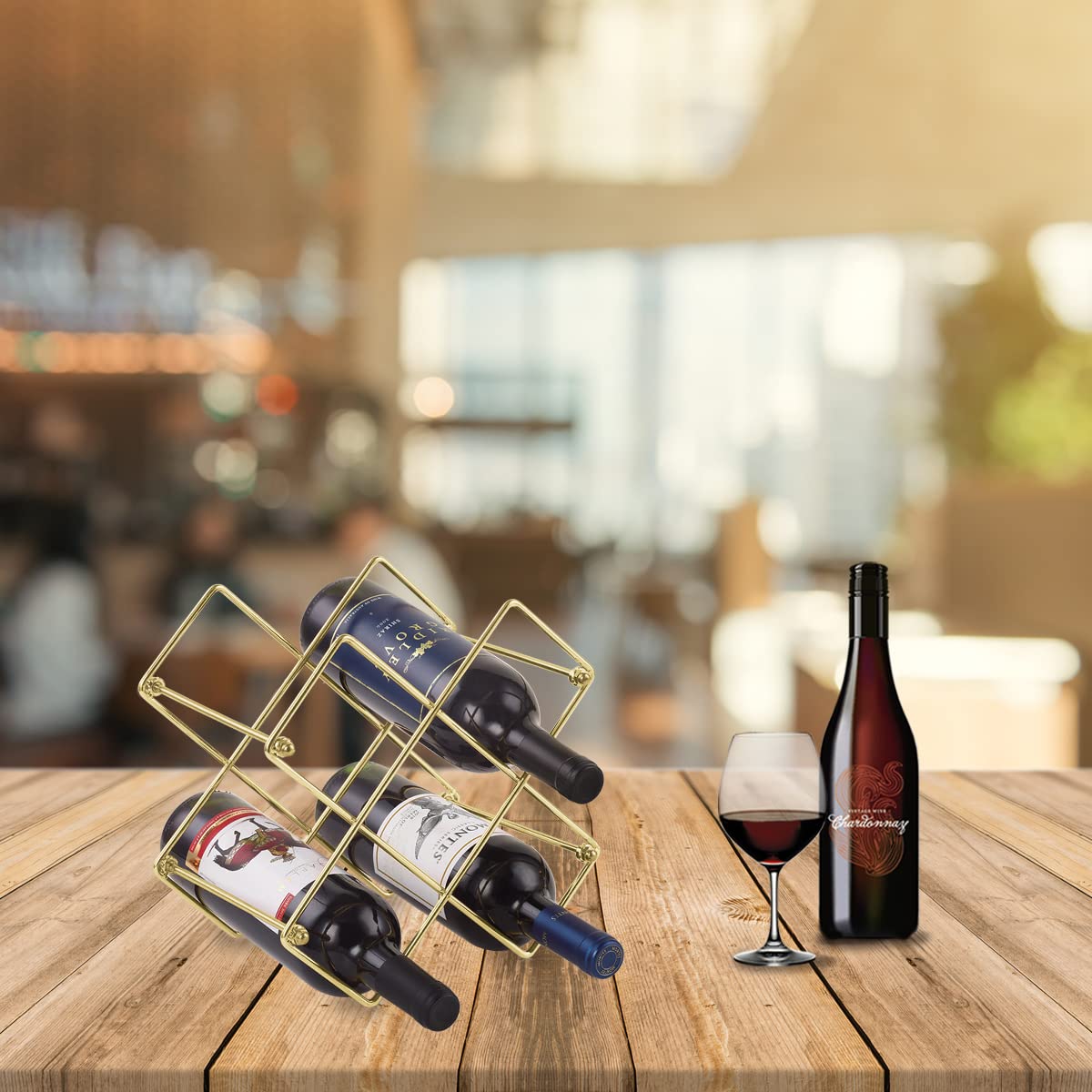 Buruis Countertop Wine Rack - 6 Bottle Wine Holder for Red White Wine Storage - Freestanding Metal Wine Rack - Small Tabletop Wine Rack - Modern Wine Bottle Holder (6 Bottle Gold)