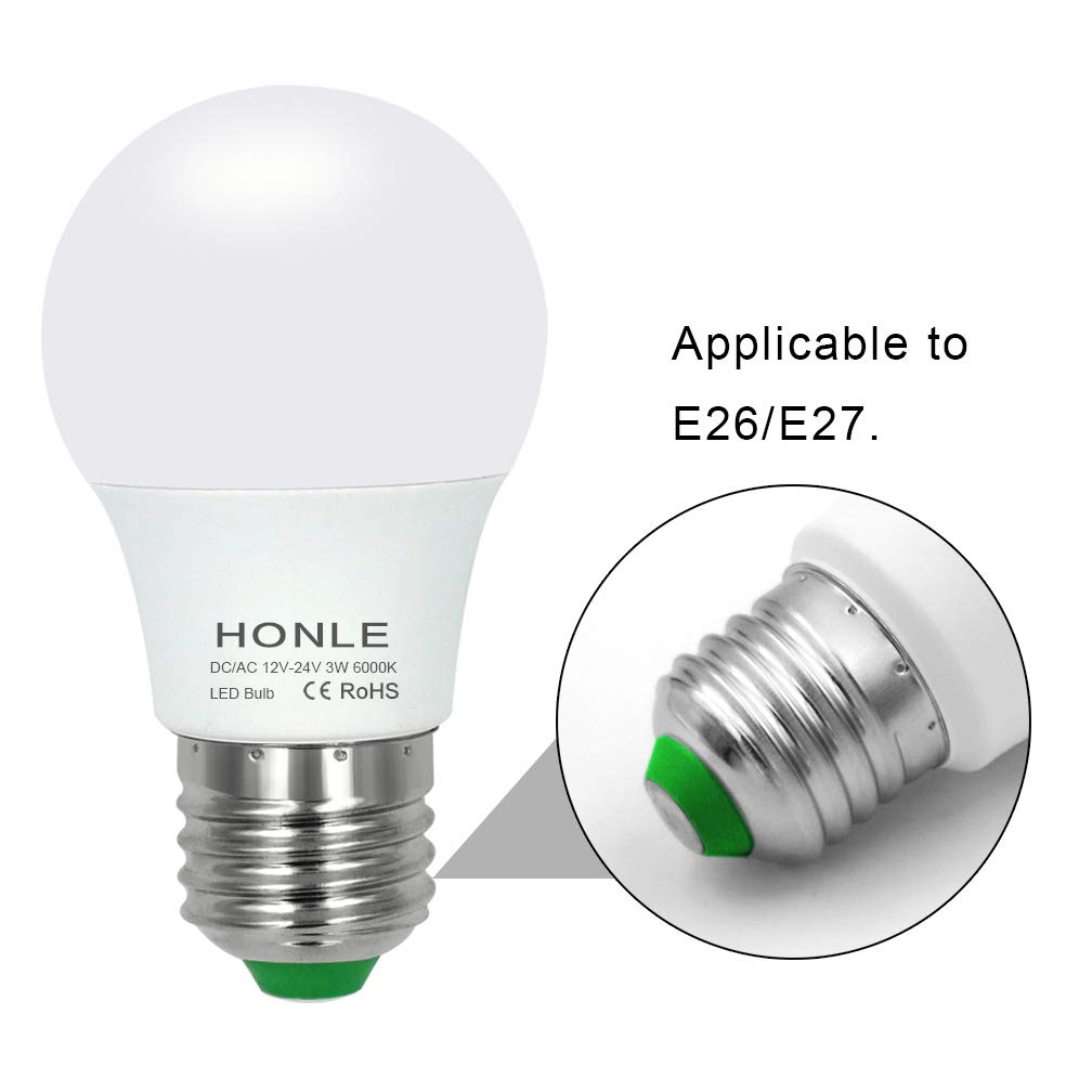 Honle E26 LED Light Bulbs 3W 12V Low Voltage Daylight White 6000K E27 Edison Standard Screw Base 25W Equivalent for Rv, Off Grid Solar Panel Project, Boat, Pack of 2