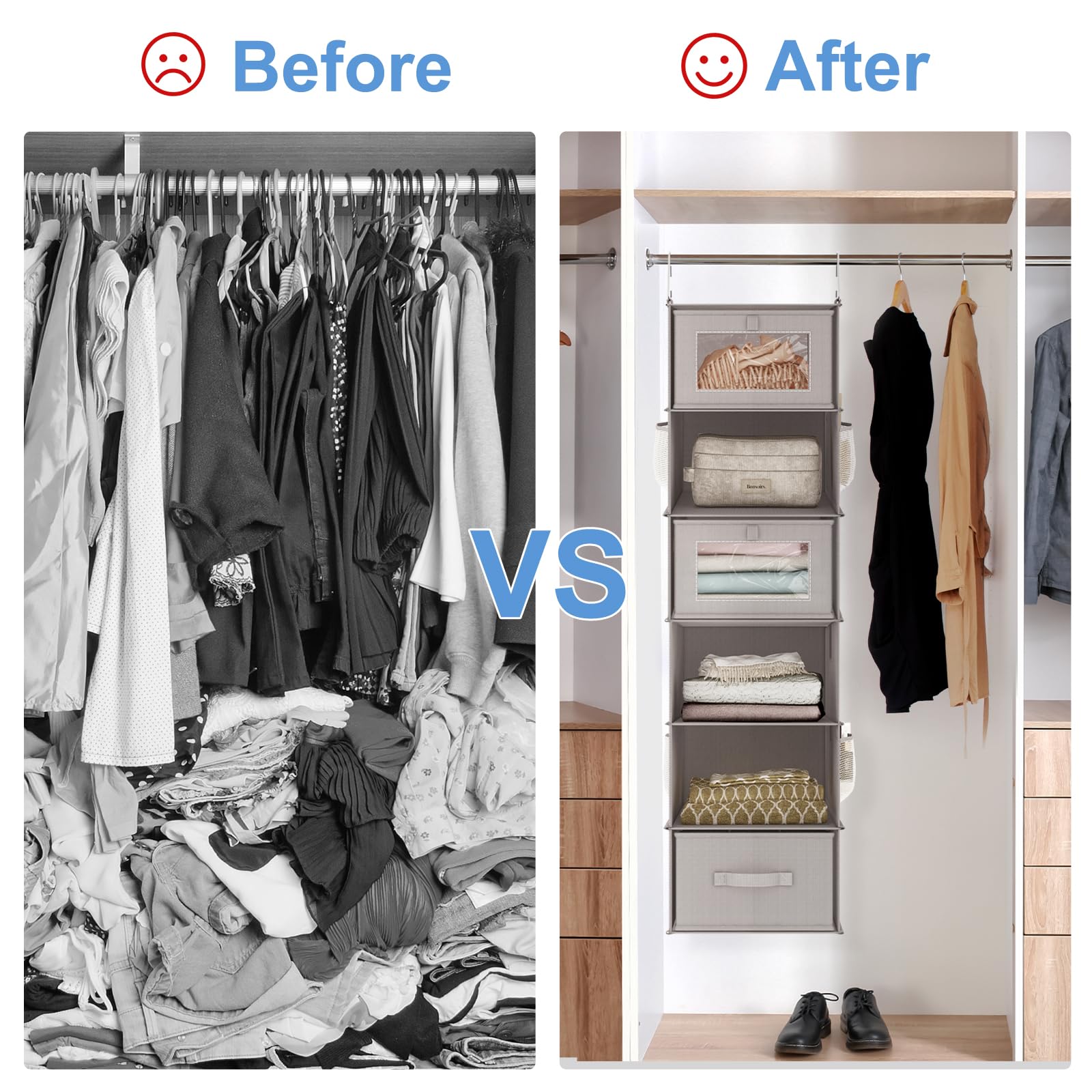 Fixwal 1 Pack 6-Shelf Hanging Closet Organizer, 2 Separable 3-Shelf Hanging Shelves with 3 Drawers Clothes Organizer Shelves for Bedroom Closet Rack