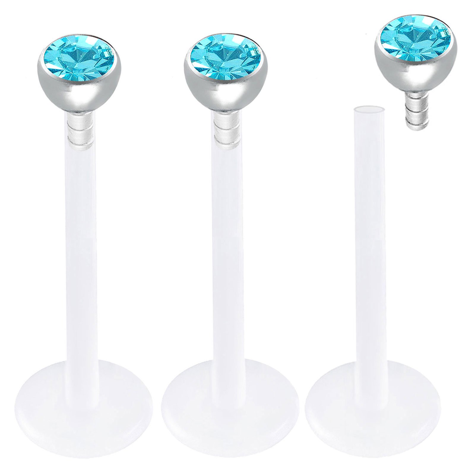 bodyjewellery 3pcs 16g 13mm Labret Stud Lip Rings Bioflex Internally Threaded Push In Forward Helix Snake Bite Surgical Steel - Aquamarine