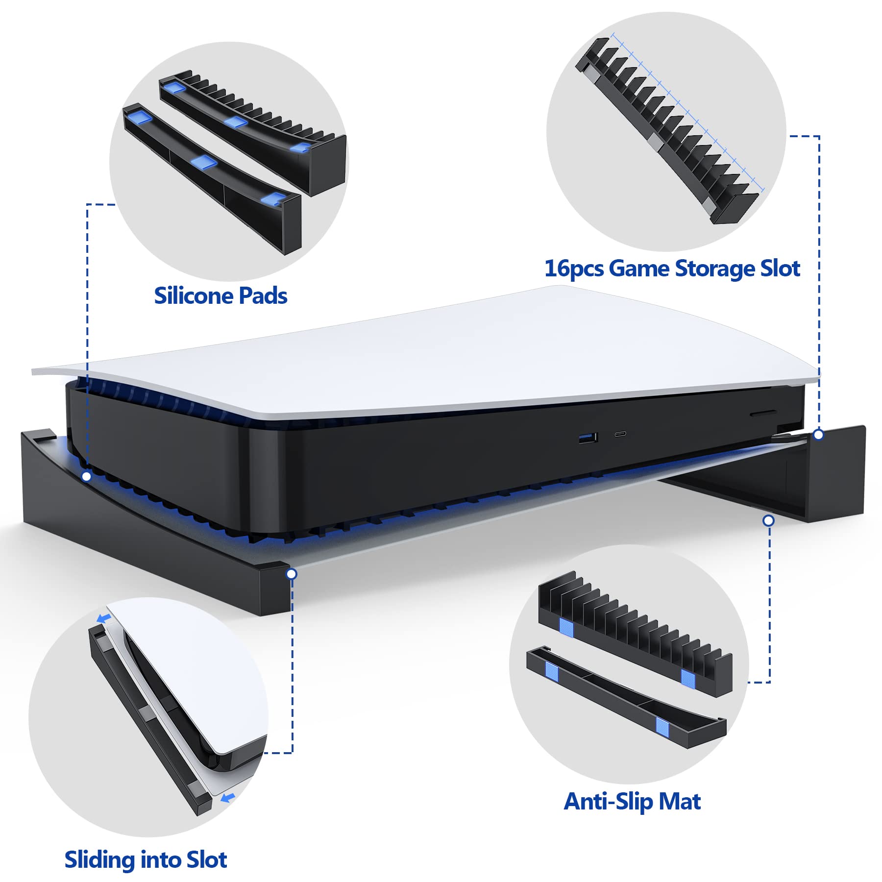 BSOON PS5 Accessories Horizontal Stand, PS5 Base Stand for PS5 Games & PS5 Console with 16 Game Disc Slots, Compatible with Playstation 5 Disc & Digital Editions, Minimalist Design (Black)