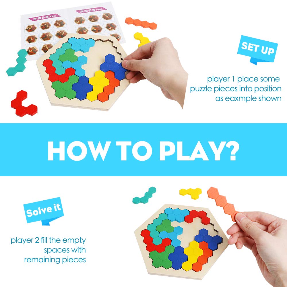 USATDD Wooden Hexagon Puzzle for Kid Adult Brain Teaser Puzzles Challenge Toy Shape Pattern Blocks Tangram Geometry Logic IQ Games STEM Montessori Educational Gift for 4-8 Boys Girls