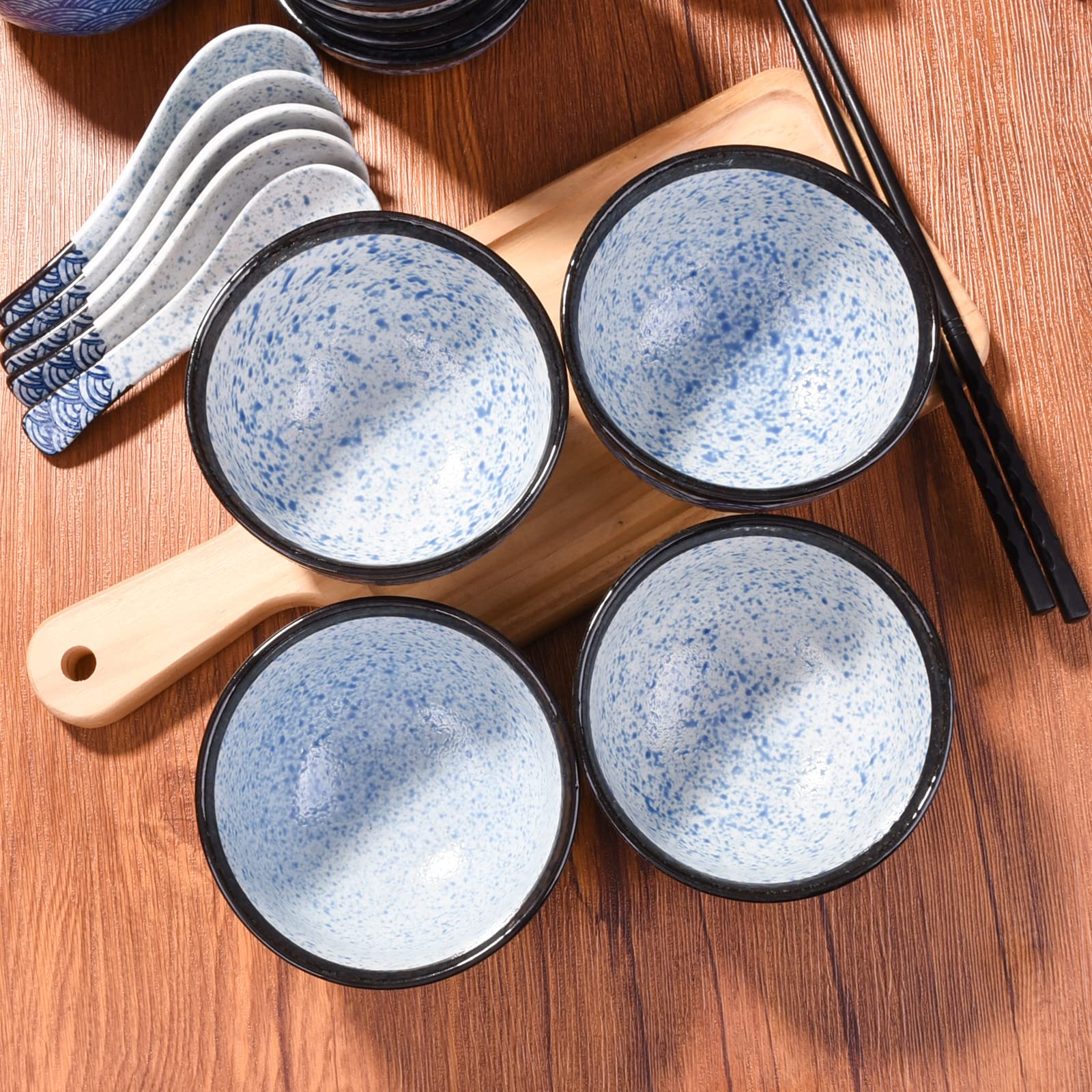 Cerficer Japanese Rice Bowl - 10.2oz Ceramic Sushi Bowl with Blue Wave Pattern,Thickened Bowl Wall,Perfect Small Bowl for Rice, Snacks, Desserts, and Sauces,Asian Rice Bowl Set