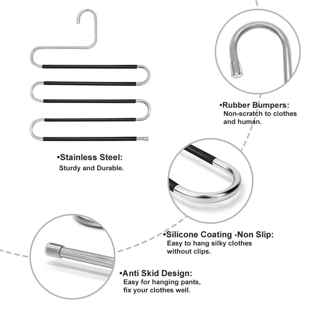 HonTop 3 Pack Pants Hangers S-Shape 5 Layers Stainless Steel with Black Silicone Coating Multi Clothes Cascading Pants Hangers Space Saving Clothes Organizer for Jeans Pants Scarf Ties Towels