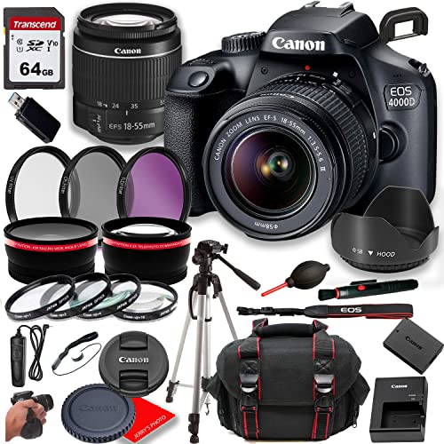 Canon EOS 4000D (Rebel T100) DSLR Camera w/Canon EF-S 18-55mm F/3.5-5.6 Zoom Lens+ Case + 64GB Memory(28pc Bundle)