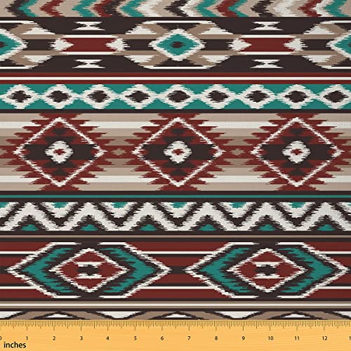 Erosebridal Western Boho Fabric by The Yard,Southwestern Aztec Upholstery Fabric,Ethnic Tribe Indoor Outdoor Fabric Retro Vintage Geometric DIY Waterproof Fabric,Burgendy Blue,3 Yards