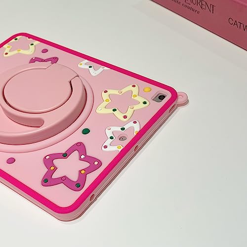Premium Cute Soft Silicone Pink Star Colorful Kawaii Pattern Tablet Case with Built-in Foldable Kickstand and Lanyard Shockproof Cover Case for iPad Air 2019/ Pro 10.5"