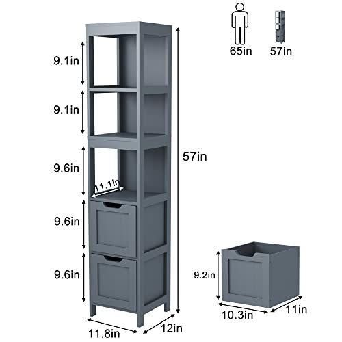 HOMEFORT Bathroom Storage Cabinet, Slim Tall Cabinet, Narrow Floor Cabinet Organizer, Wooden Linen Tower with 2 Drawers and 3 Shelves, Freestanding Storage Cupboard (Grey)