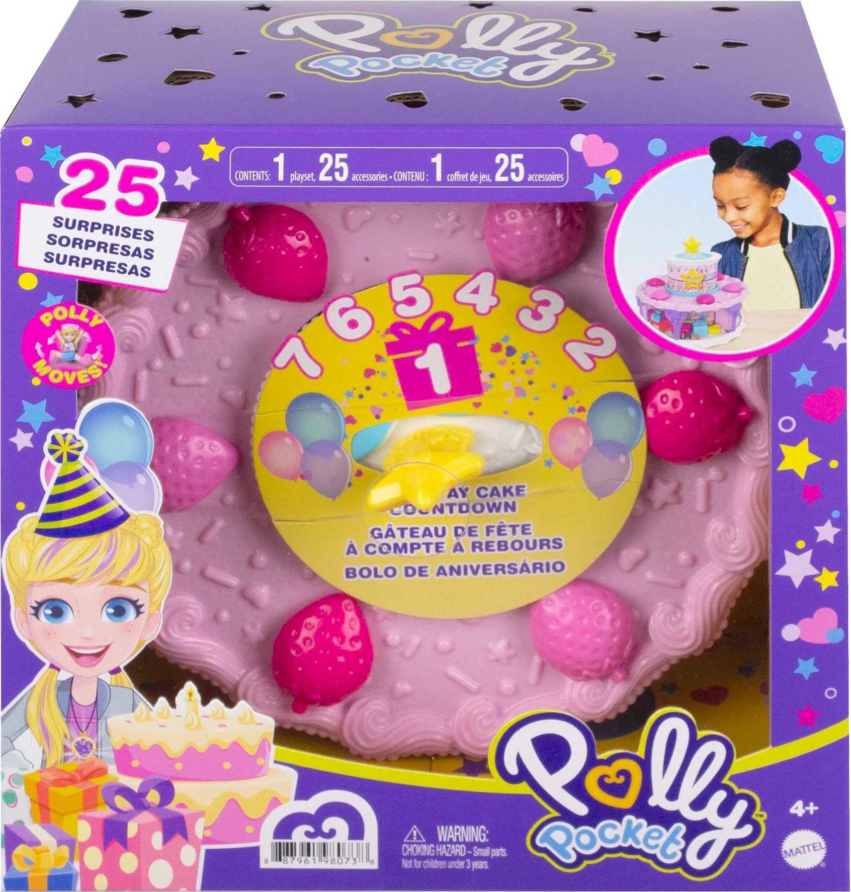 Polly Pocket 2-in-1 Playset, Unicorn Toy with 2 Micro Dolls & 25 Surprise Accessories, Birthday Cake Countdown