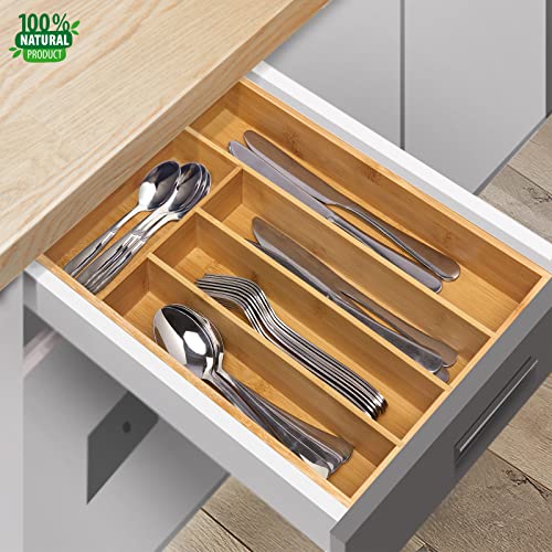 guiogc Kitchen Bamboo Silverware Drawer Organizer,Silverware Organizer and Cutlery Tray with Grooved Drawer Dividers for Silverware, Knives in Kitchen, Bedroom (5 Slot-Natural)
