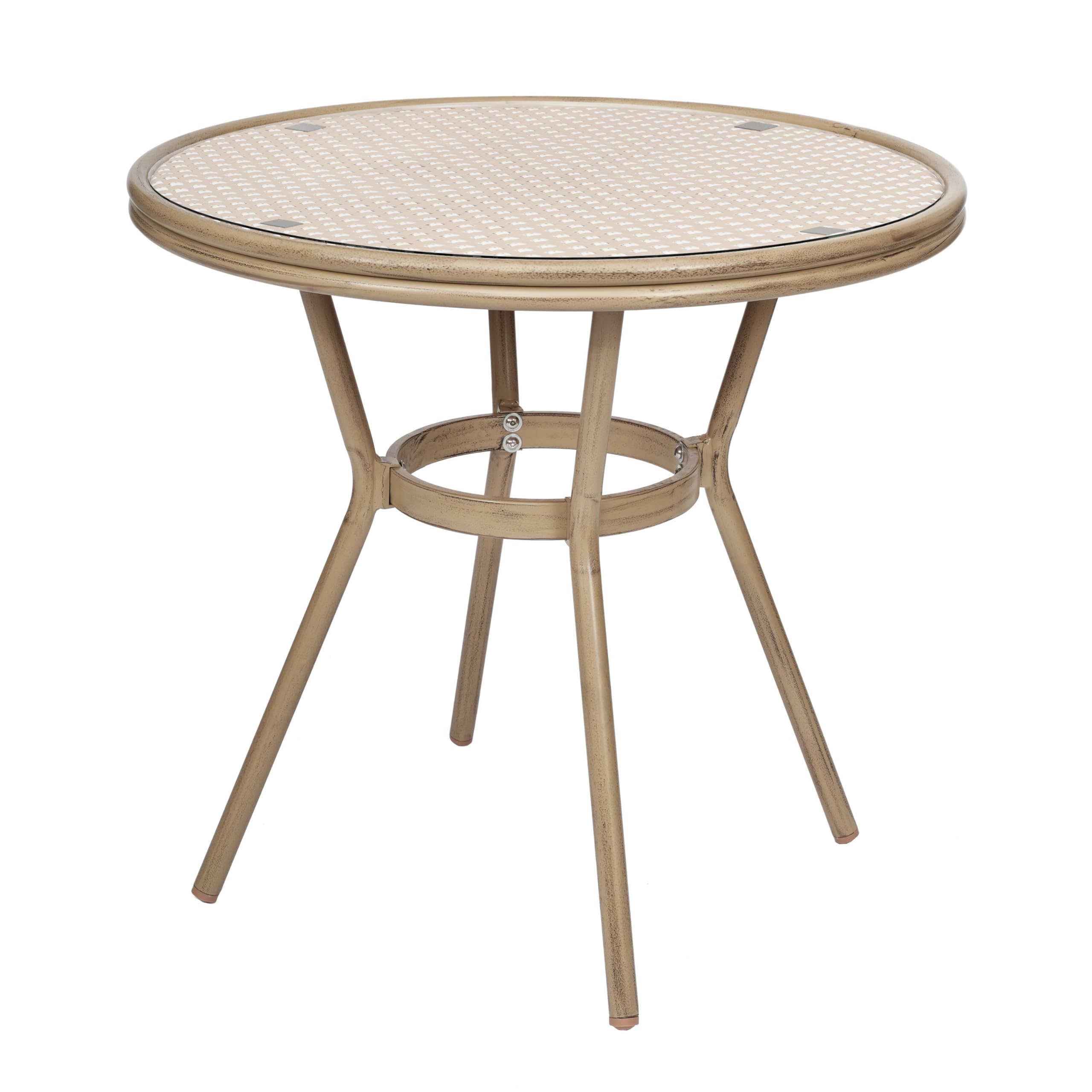 Flash Furniture Lourdes Indoor/Outdoor Commercial Bistro Table - Tempered Glass Top - PE Rattan - Lt NAT Bamboo Print Aluminum Frame - 31.5" - NAT/White