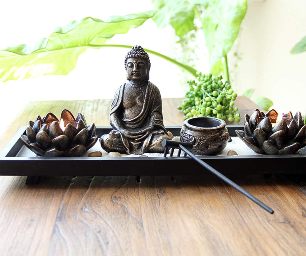 Royal Brands’ Zen Garden with Buddha, Rake, Tea Light Candle and Incense Holder - Peace and Tranquility (14.5"x5"x7")