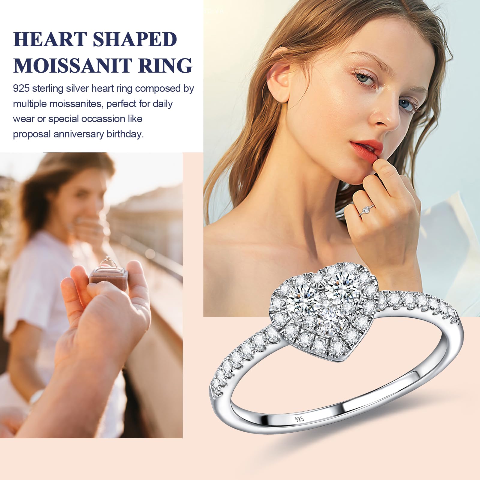 DAYBYDAY 925 Sterling Silver Moissanite Heart Rings Created Diamond Heart Shaped Engagement Anniversary Ring Size 8