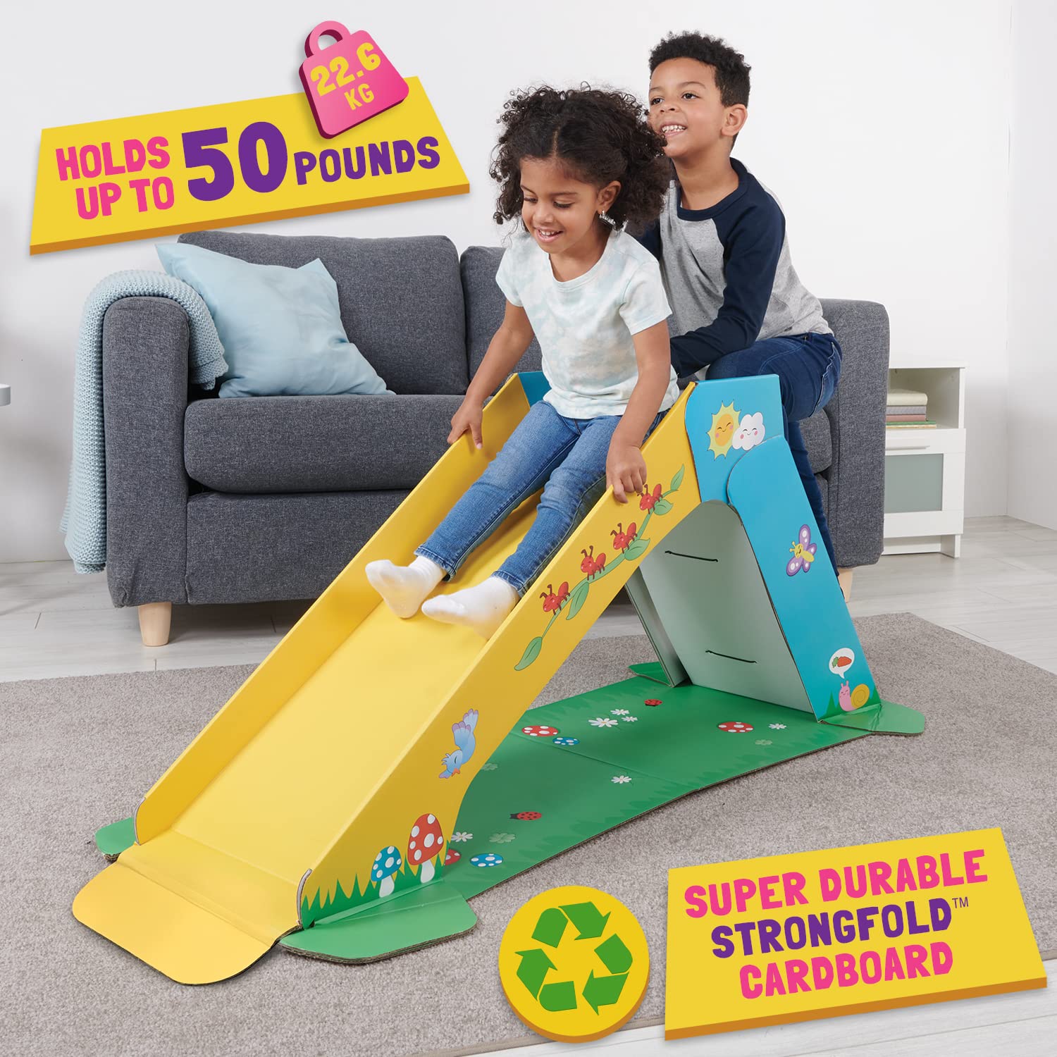 Pop2Play Toddler Playground Indoor Slide for Kids – Durable Eco-Friendly Foldaway Cardboard Slide (Sunny)