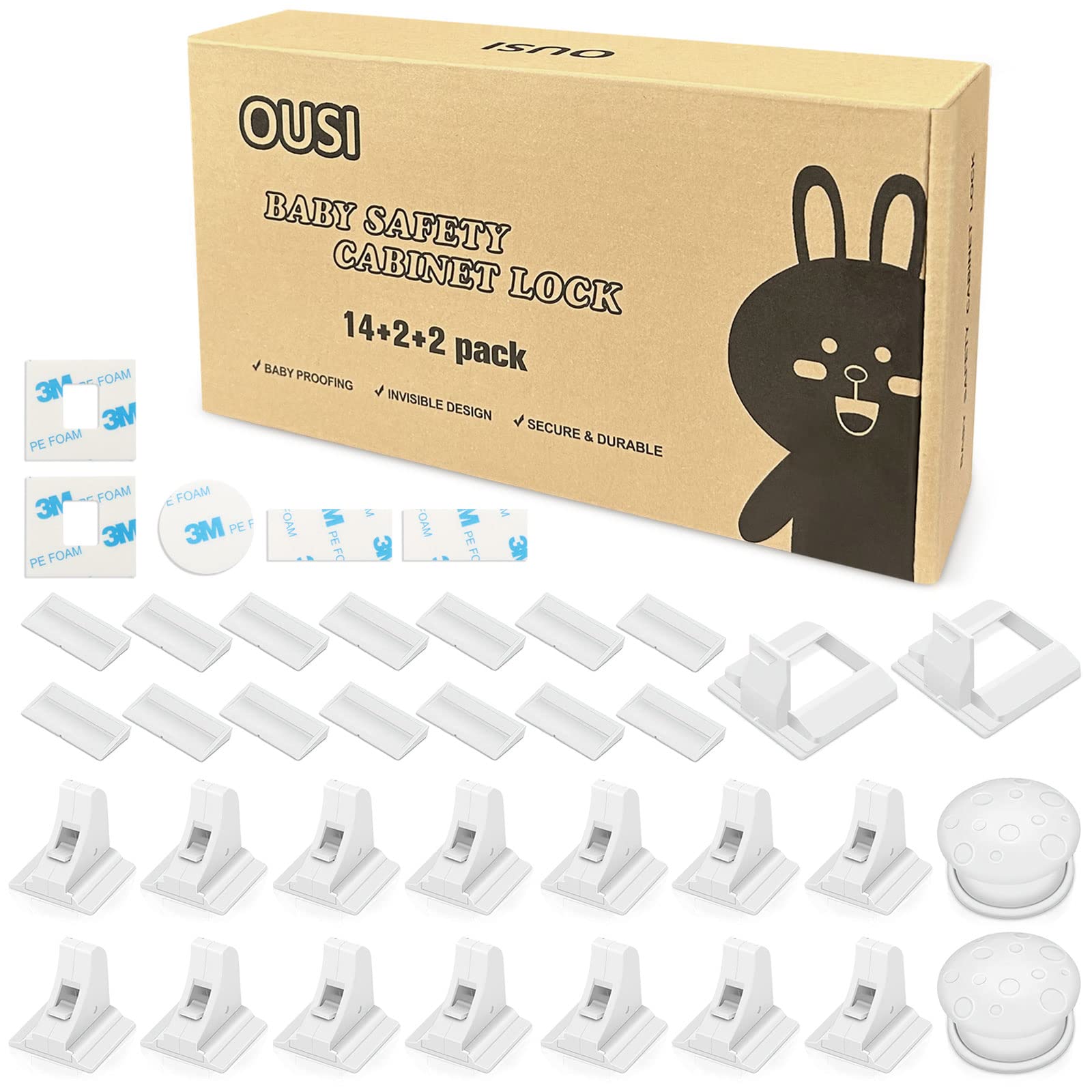 Cabinet Locks Child Safety Latches, OUSI 14+2+2 PACK Baby Proofing Cabinet Locks, Magnetic Cabinet Locks for Drawers and Cabinets - Adhesive Locks, No Tool or Drill