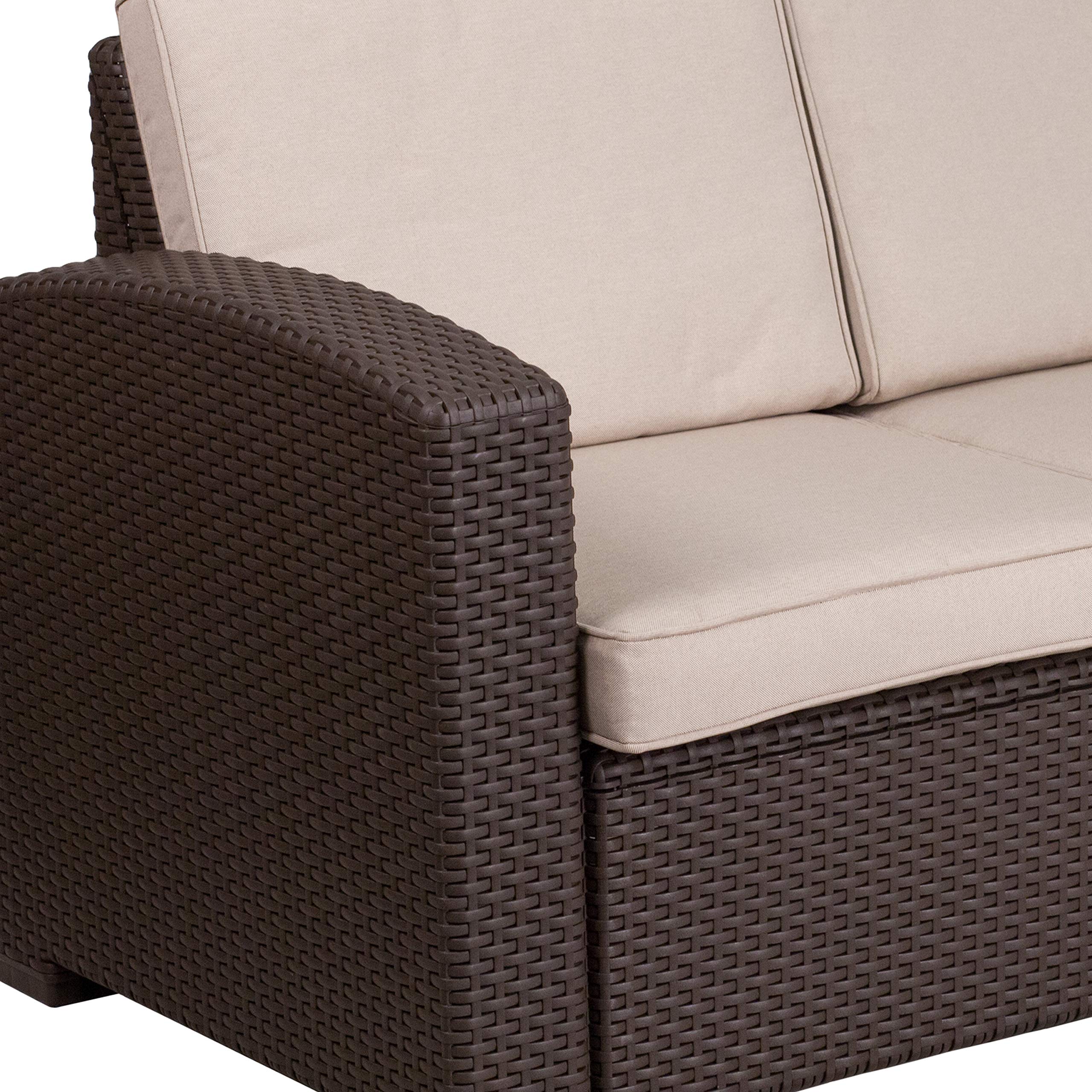 Flash Furniture Seneca Chocolate Brown Faux Rattan Loveseat with All-Weather Beige Cushions