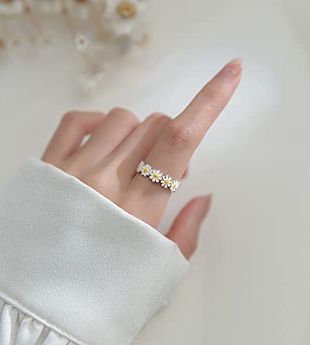 CAFUDEYE 925 Sterling Silver Small Daisy Flower Rings Adjustable Open Ring Delicate Everyday Ring for Women