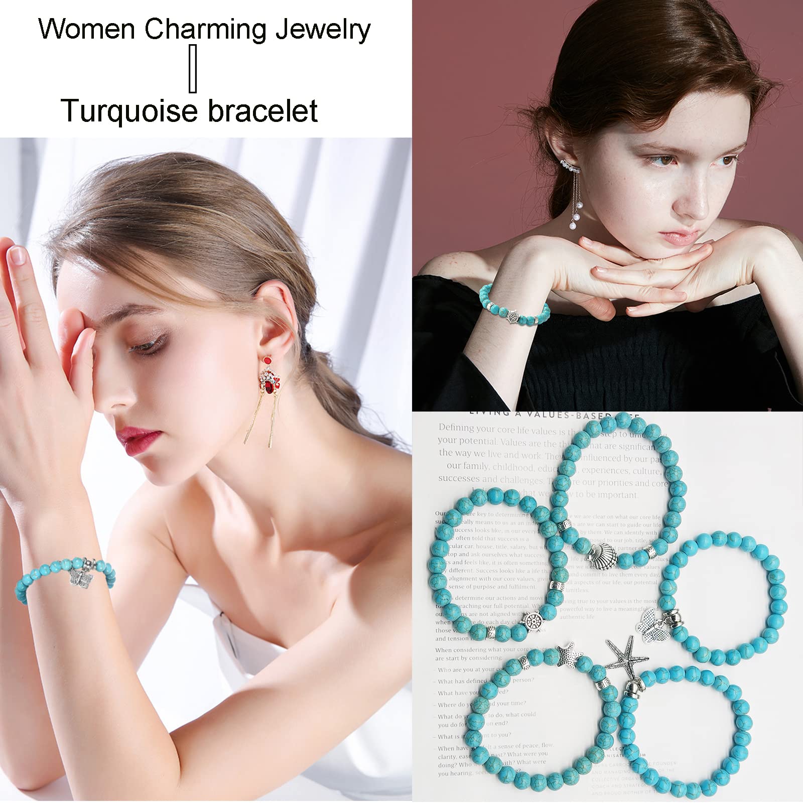 CASDAN 10 PCS 8mm Turquoise Stone Bracelets Round Beaded Bracelets for Women Men Healing Crystal Stretch Bead Bracelets