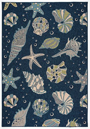 GAD Great American Distributors Sanibel Premium Indoor Outdoor Area Rug Accented Island Seaside Seashell Aquatic Marine Life Design Navy Blue/Gray (5'3"x7'7")