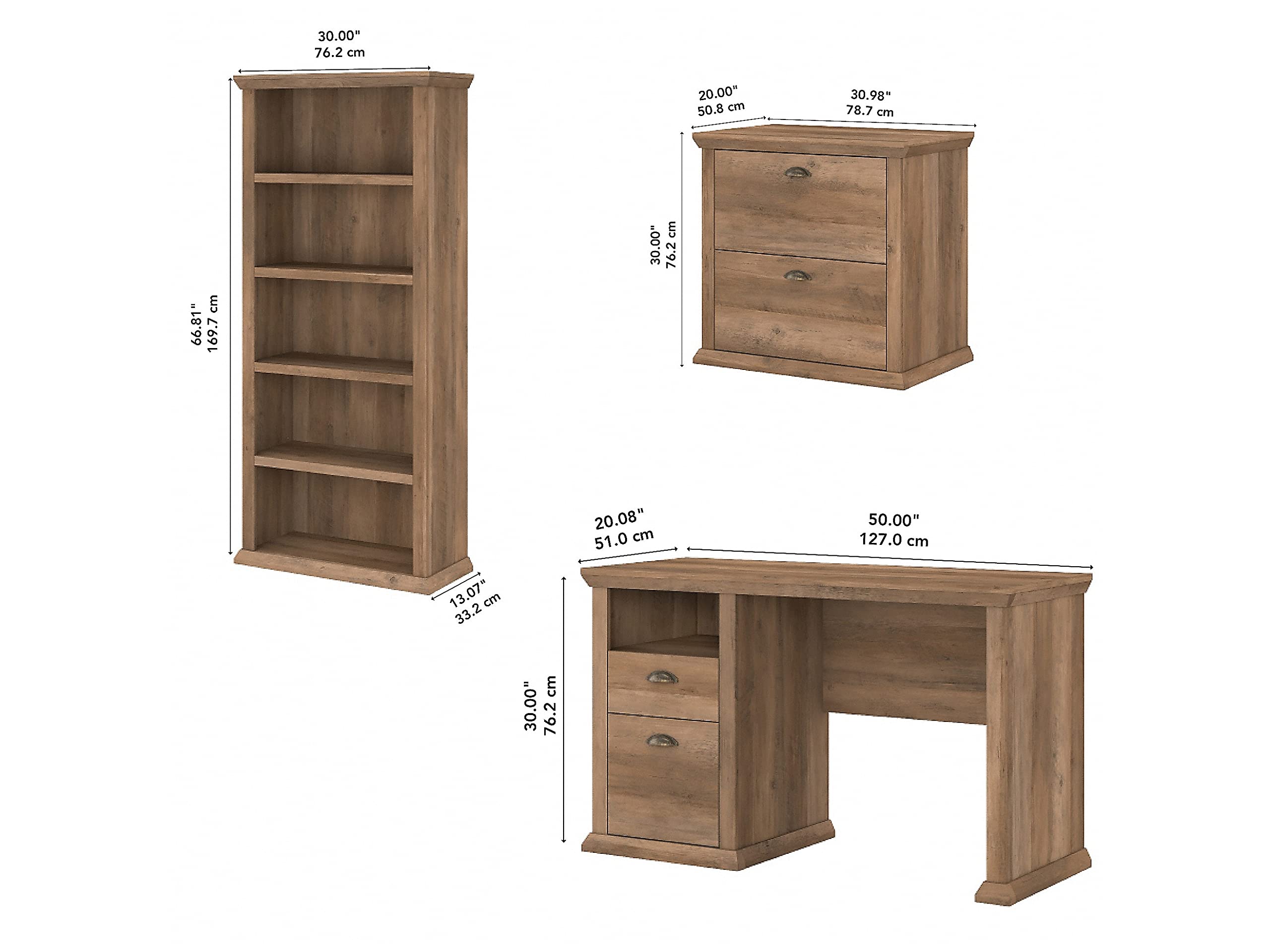 Bush Furniture Yorktown Home Office Desk with Lateral File Cabinet and 5 Shelf Bookcase, 50W, Reclaimed Pine