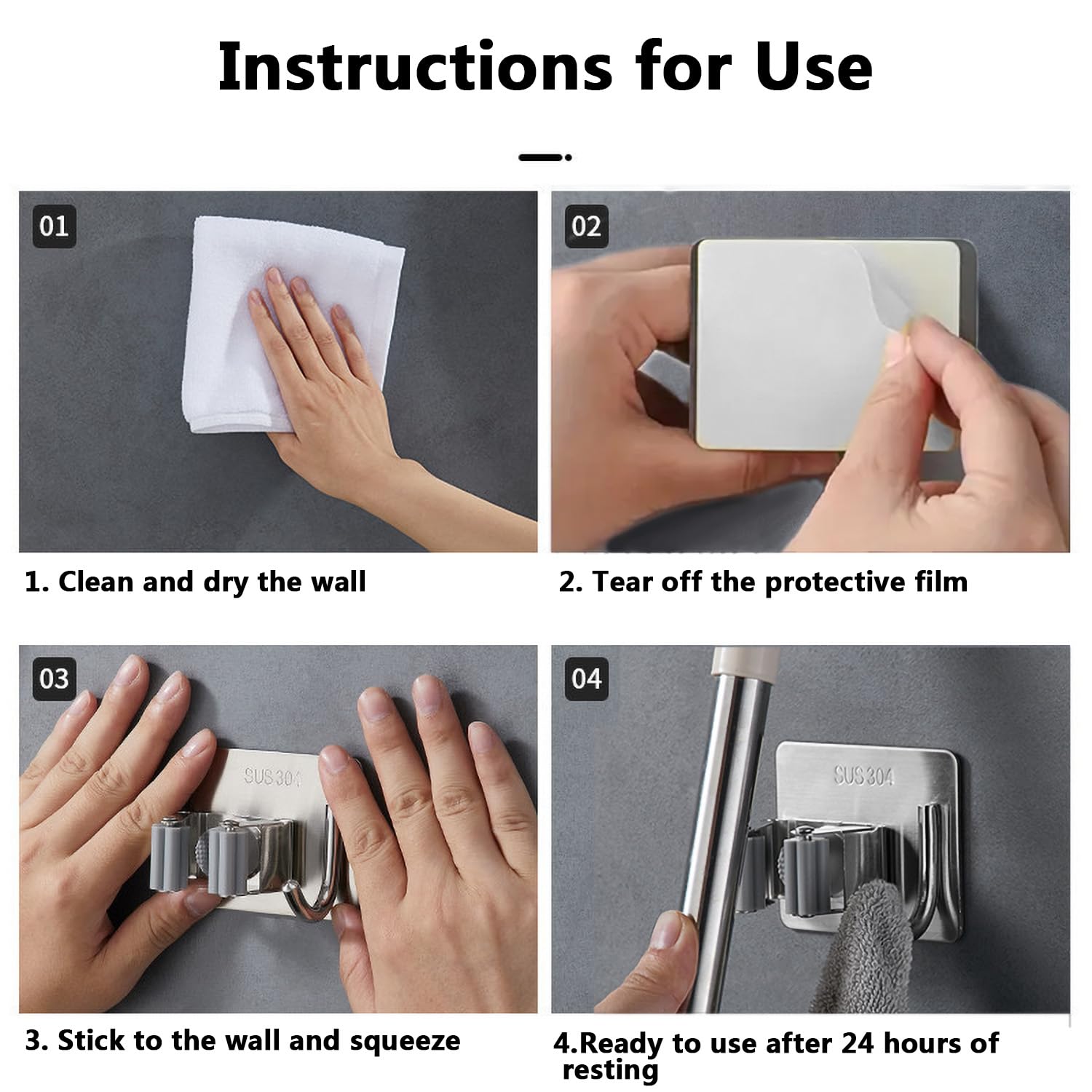 Daewiutr 6Pcs Broom Holder Wall Mount, Self Adhesive Anti-Slip Adhesive Hook Broom Holder Wall Mount, Stainless Steel Broom Storage Holder for Bathroom, Kitchen, Office, Garden, Garage