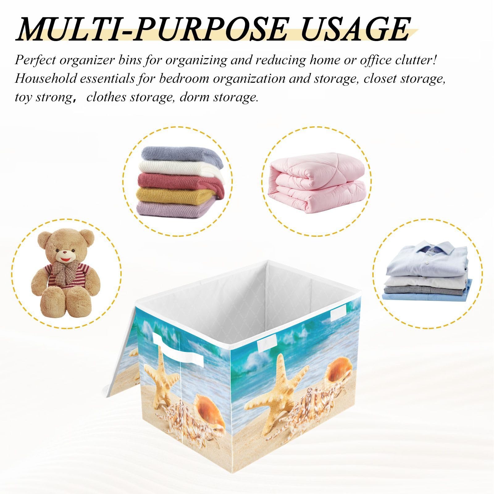 DIGTIA Storage Bins with Lids Shell Starfish Beach Foldable Storage Boxes with Handles Sea Wave Seaside Large Storage Basket Collapsible Organizer Containers for Closet Home Bedroom Office
