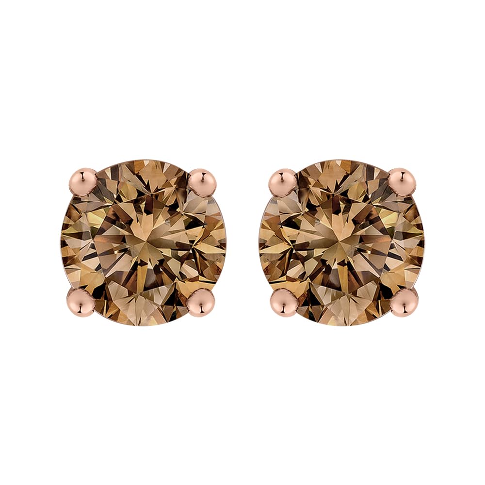 Brown Round Brilliant Cut Diamond Earring Studs in 14K White Gold (3/4 cttw)