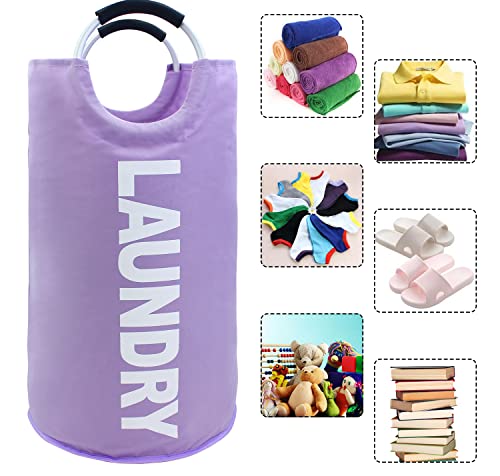 Mziart 82L Large Collapsible Laundry Basket with Padded Handles, Heavy Duty Oxford Fabric Laundry Hamper Tall Laundry Bag Foldable Laundry Bin Storage Organizer for Nursery Bedroom College Dorm-Purple