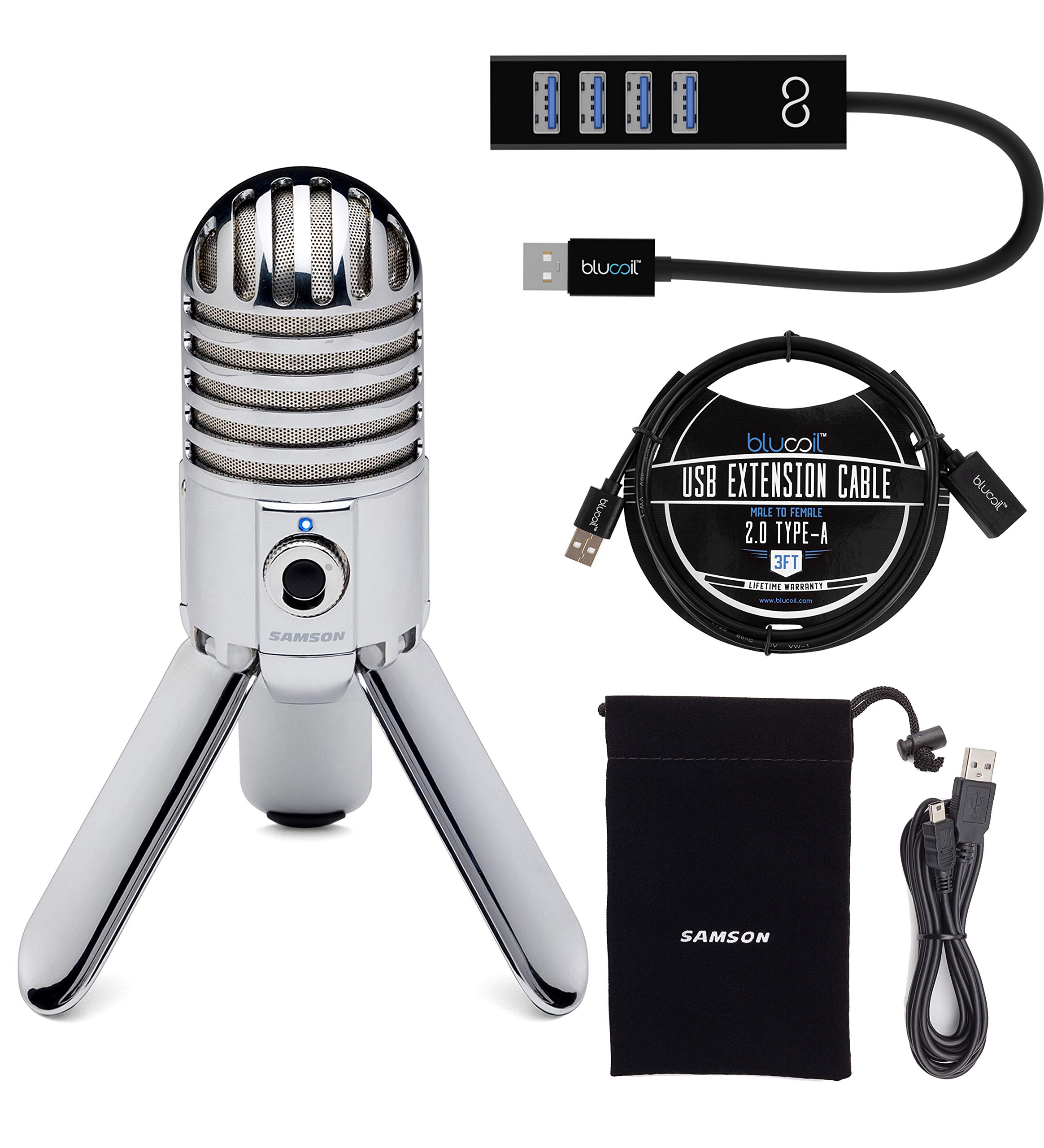 Samson Meteor Mic USB Studio Condenser Microphone with Mute Switch for Windows and Mac (Chrome) Bundle with Blucoil 3-FT USB 2.0 Type-A Extension Cable, and Mini USB Type-A Hub with 4 USB Ports