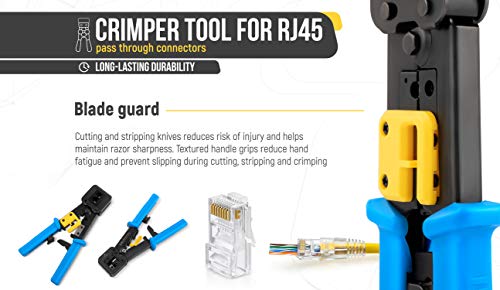 EMS RJ45 Crimp Tool Kit, With 50 Cat6 Pass Through Connectors and 50 Clear Cable Strain Relief Boots + Extra blades - EZ Cut, Strip, Crimp Ethernet Cables